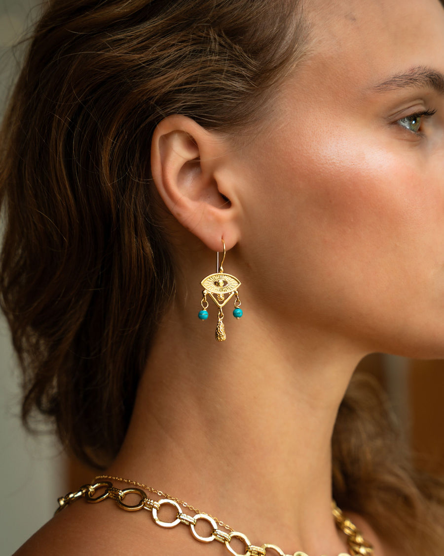 Zahra Turquoise Evil Eye Drop Earrings - Gold | Ottoman Hands